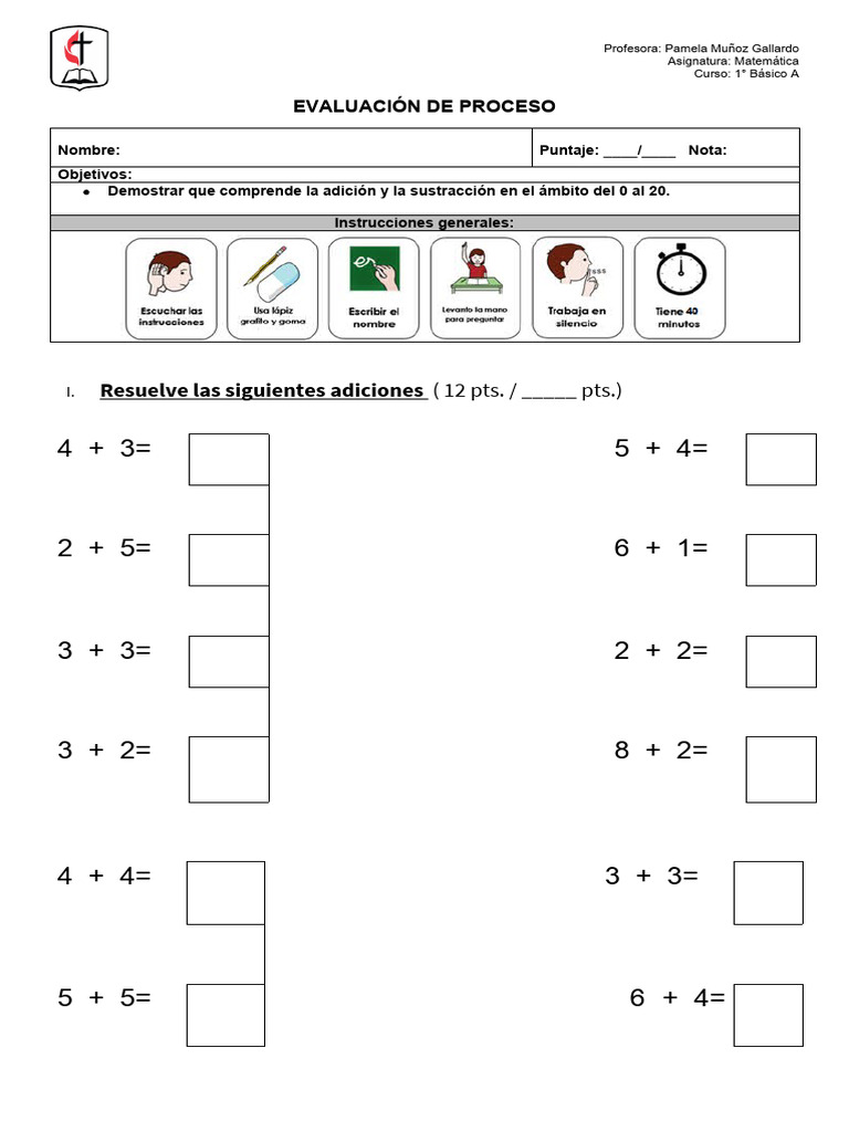 Evaluación Matemática 1° Básico: Sumas y Restas | PDF