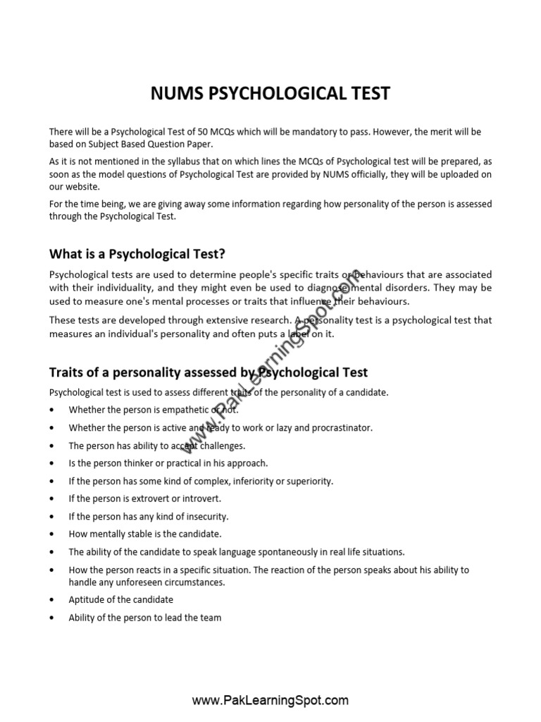 NUMS Psychological Test - PakLearningSpot | PDF | Psychology | Human ...