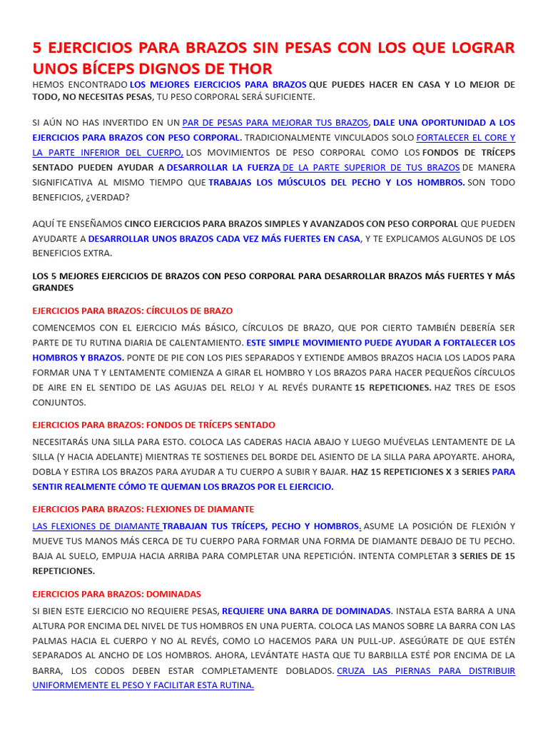 5 Ejercicios para Brazos Sin Pesas Con Los Que Lograr Unos Bíceps Dignos de Thor | PDF