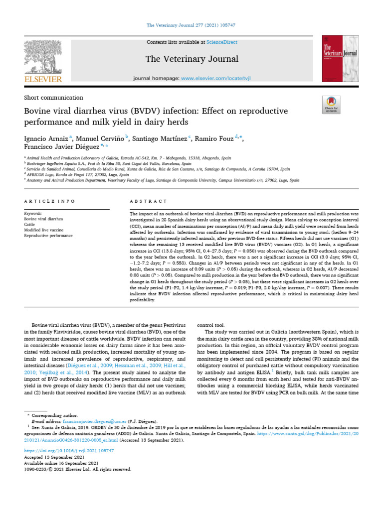 Bovine Viral Diarrhea Virus (BVDV) Infection - Effect On Reproductive Performance and Milk Yield ...