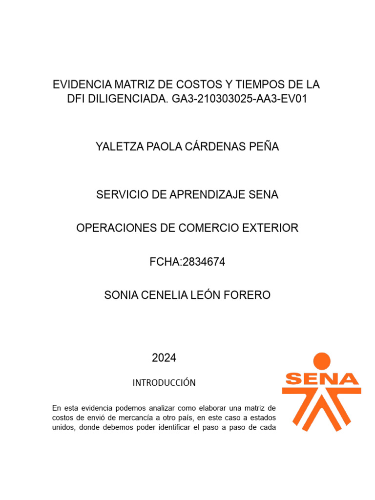 Evidencia Matriz de Costos y Tiempos de La Dfi Diligenciada. Ga3 ...