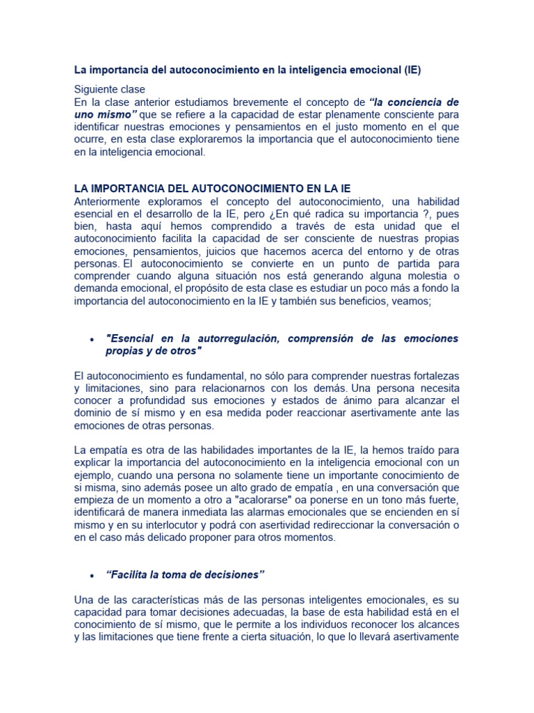 La Importancia Del Autoconocimiento en La Inteligencia Emocional | PDF | Inteligencia emocional ...