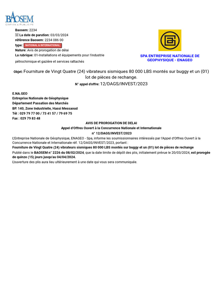 Prorogation Appel d'Offres ENAGEO | PDF | Maison et jardin | Sciences ...