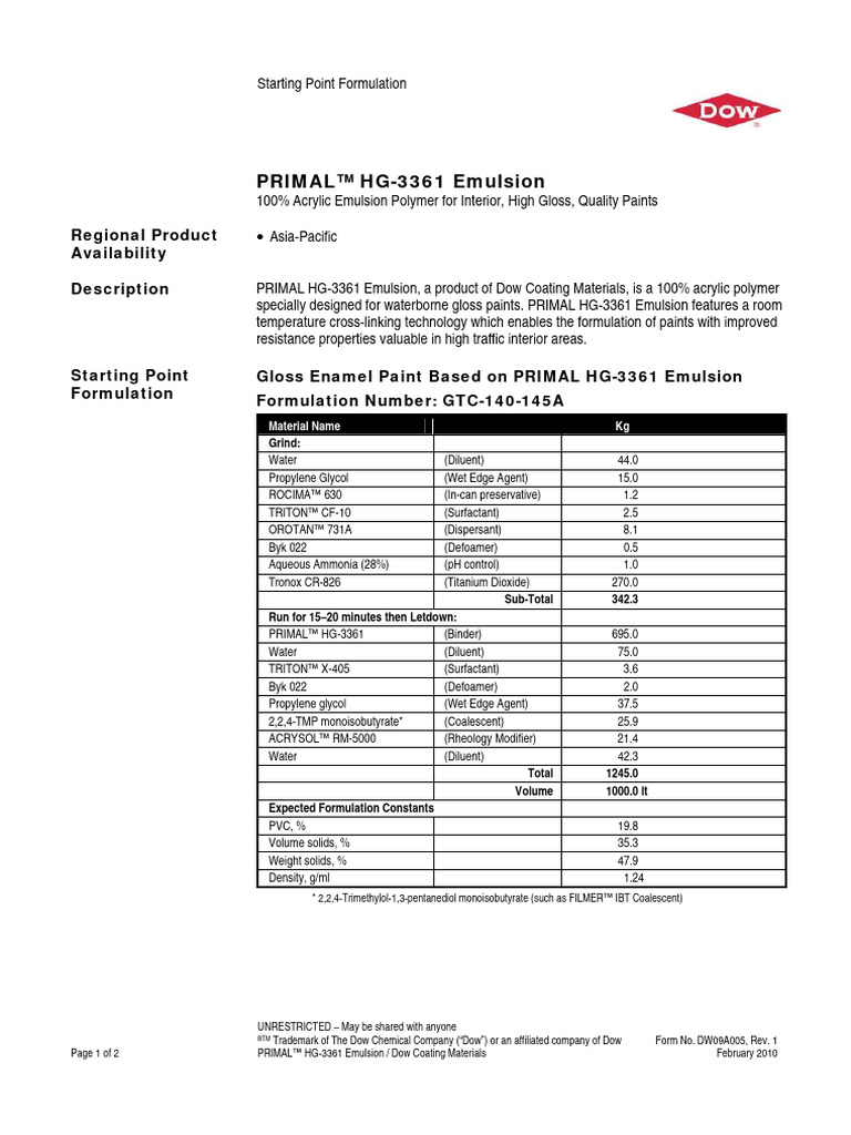 Starting Point Formulation PRIMAL HG 336 | PDF | Paint | Chemical ...