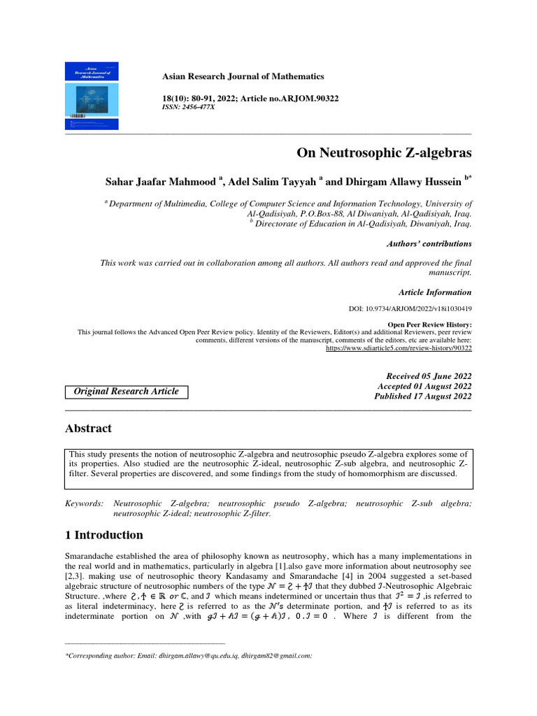 On Neutrosophic Z-Algebras | PDF | Abstract Algebra | Algebra