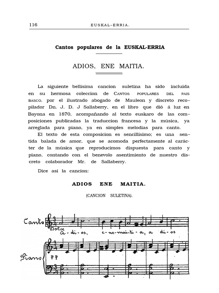 Adios, Ene Maitia.: Cantos Populares de La EUSKAL-ERRIA | PDF