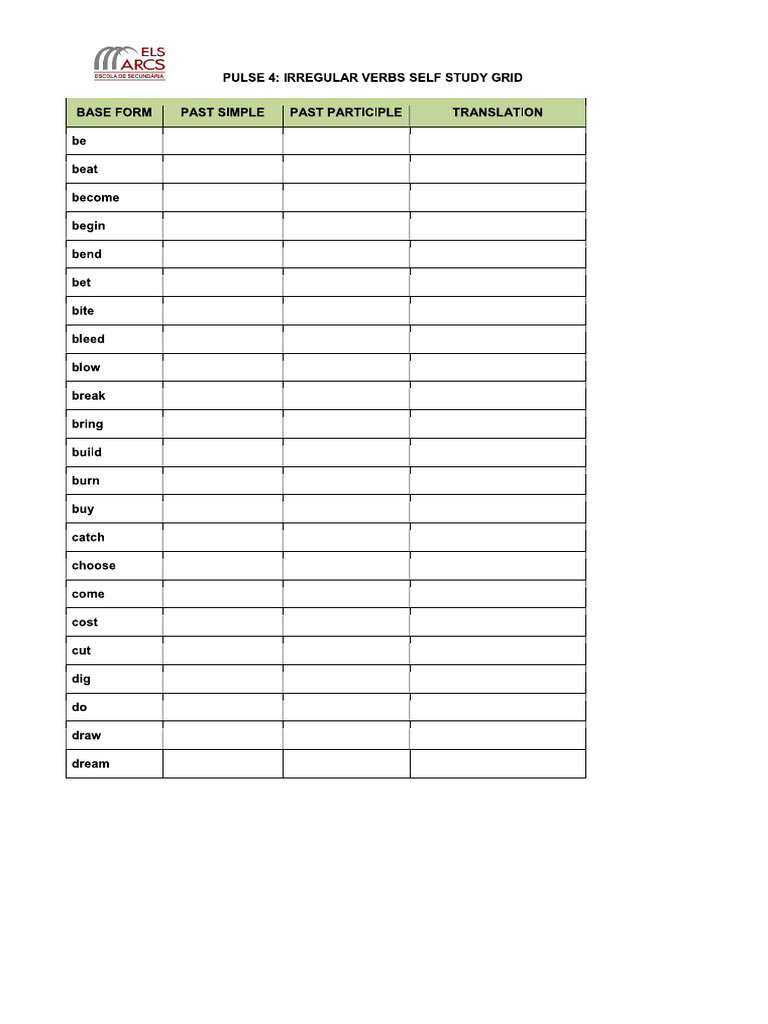Irregular Verbs Self Study Grid | PDF
