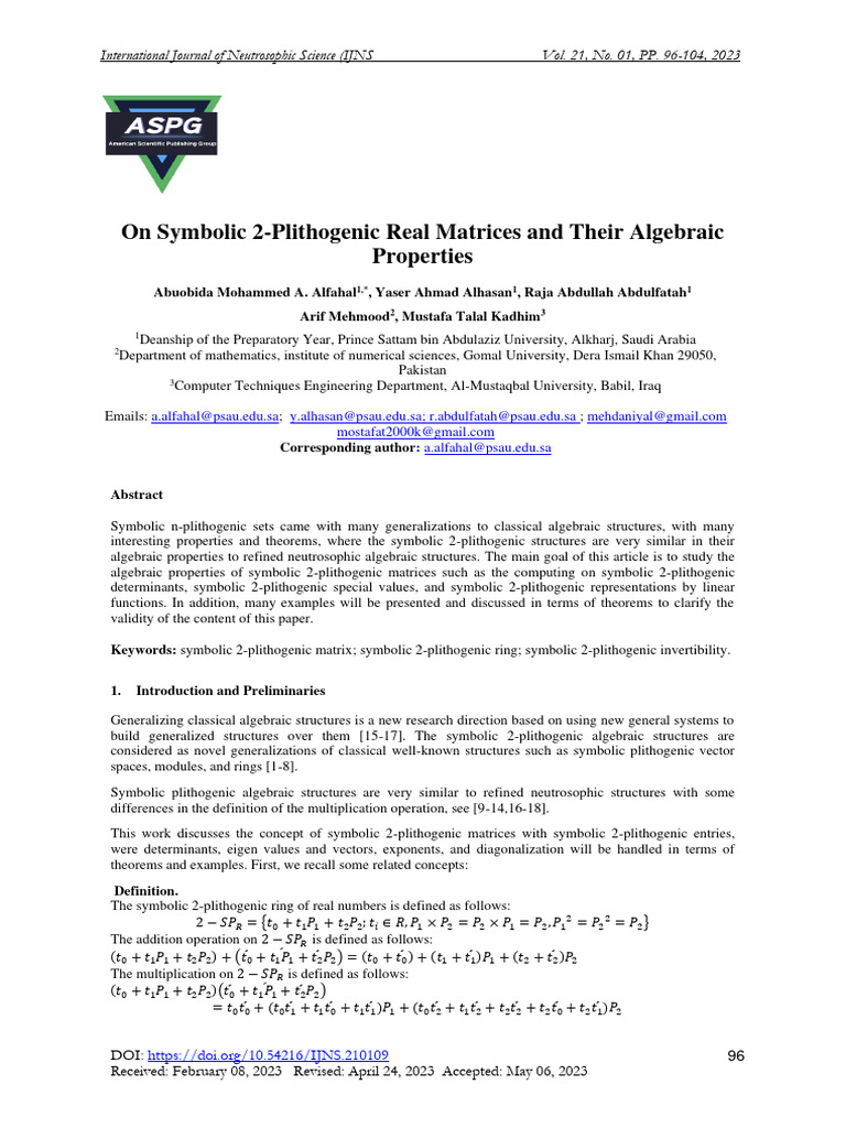 On Symbolic 2-Plithogenic Real Matrices and Their Algebraic Properties | PDF | Matrix ...