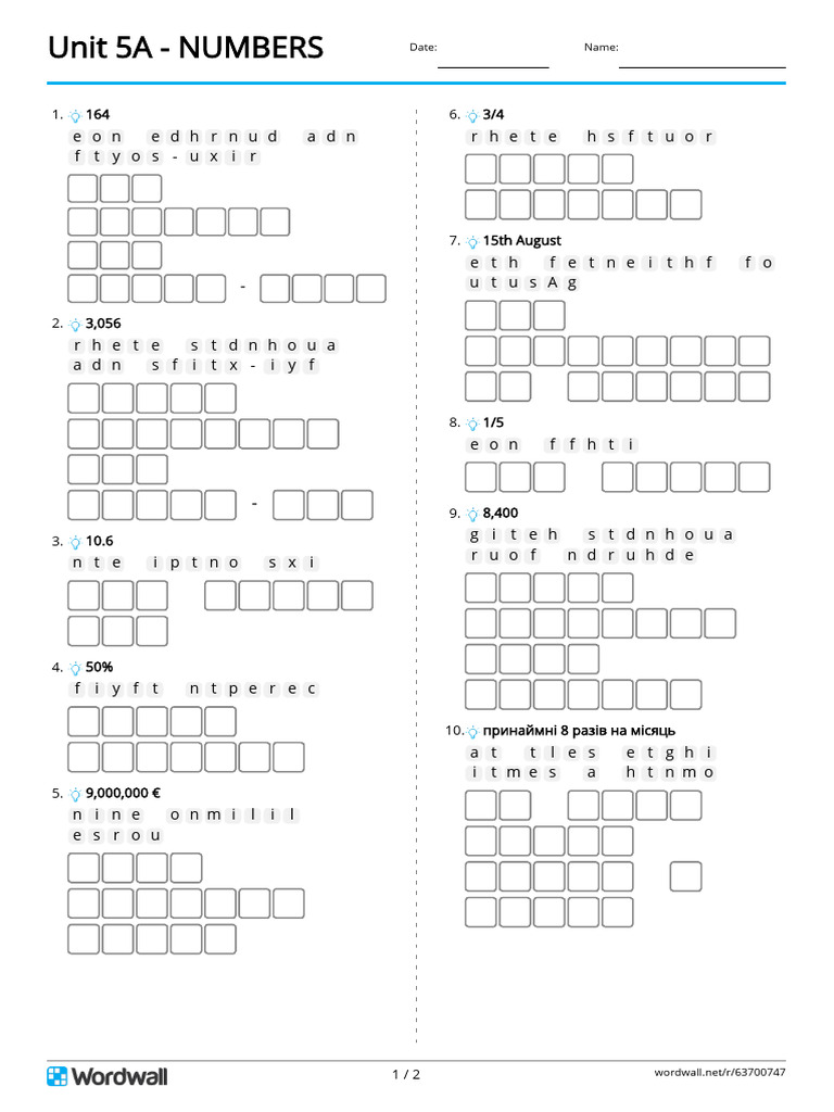 Unit 5a Numbers Anagram | PDF