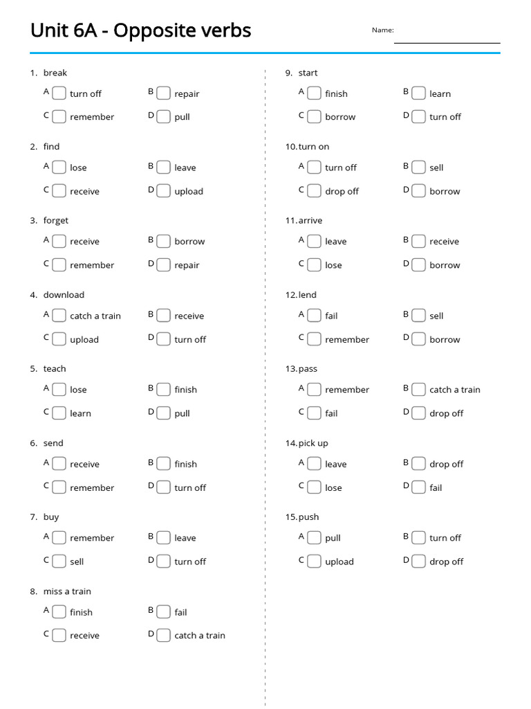 Opposite Verbs: Unit 6A Worksheet | PDF