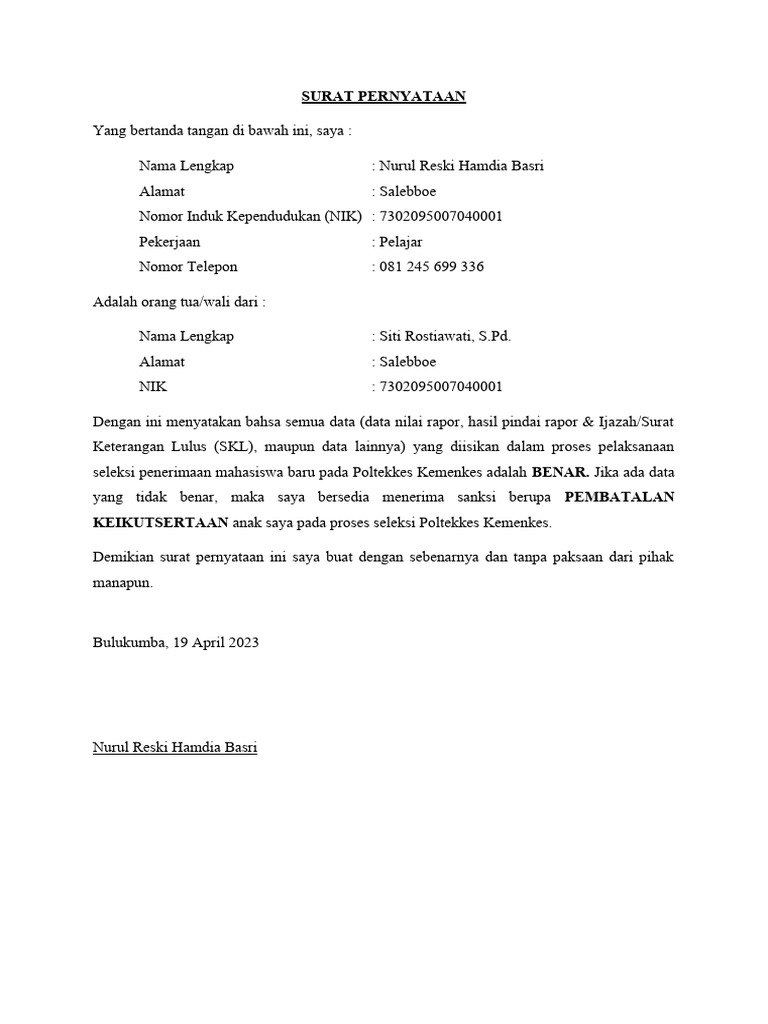 Surat Pernyataan Poltekkes Kemenkes Pdf