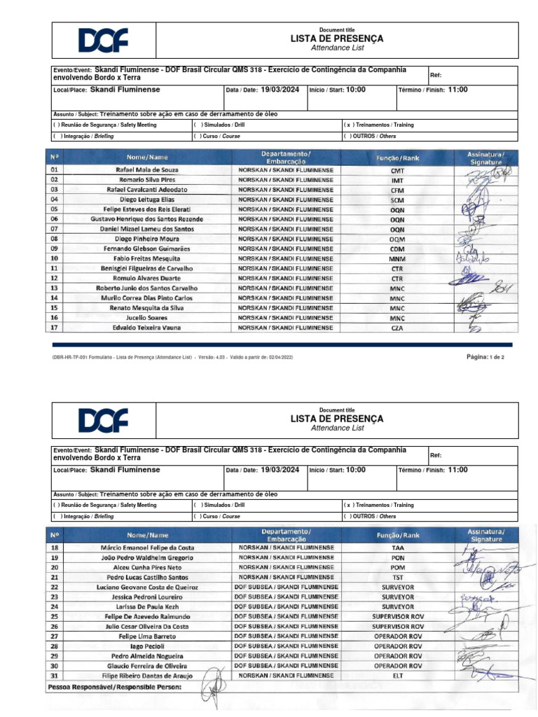 Declaração de Treinamento - DOF Brasil Circular QMS 318 - Exercício de ...