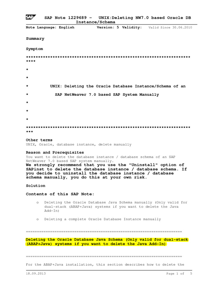 Note 1229689 Unix Deleting Nw70 Based Oracle Db Instance Schema