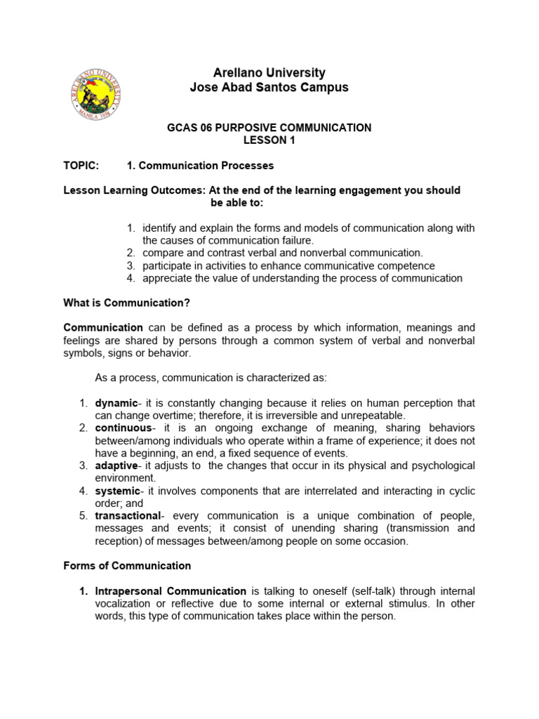 Arellano -Purposive Communication- Lesson 1 | PDF | Communication | Nonverbal Communication
