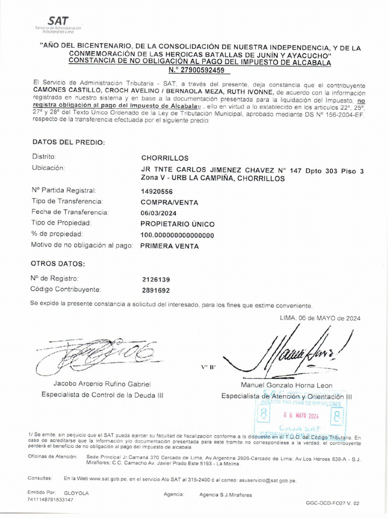 Constancia de Alcabala Dpto 303 Dspto 11 Edif Sol de Chorrillos | PDF