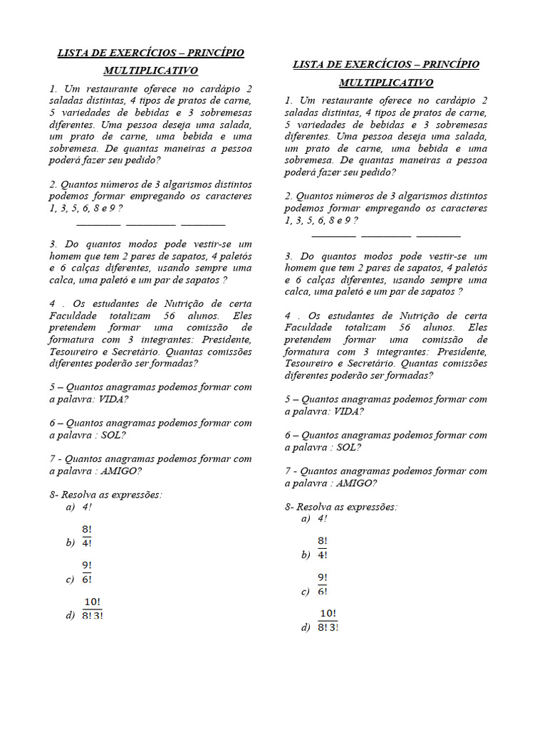 Exercicios Principio Fundamental Da Contagem | PDF | Artes Linguísticas ...