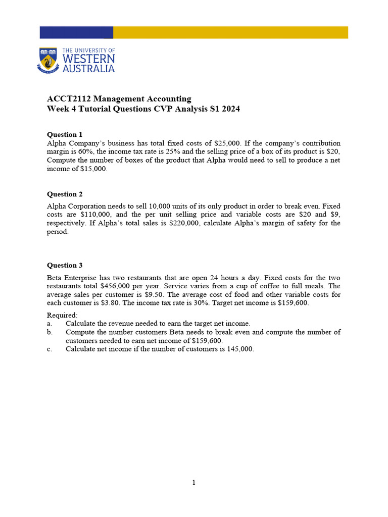 CVP Analysis Tutorial Questions S1 2024 | PDF | Business Economics ...