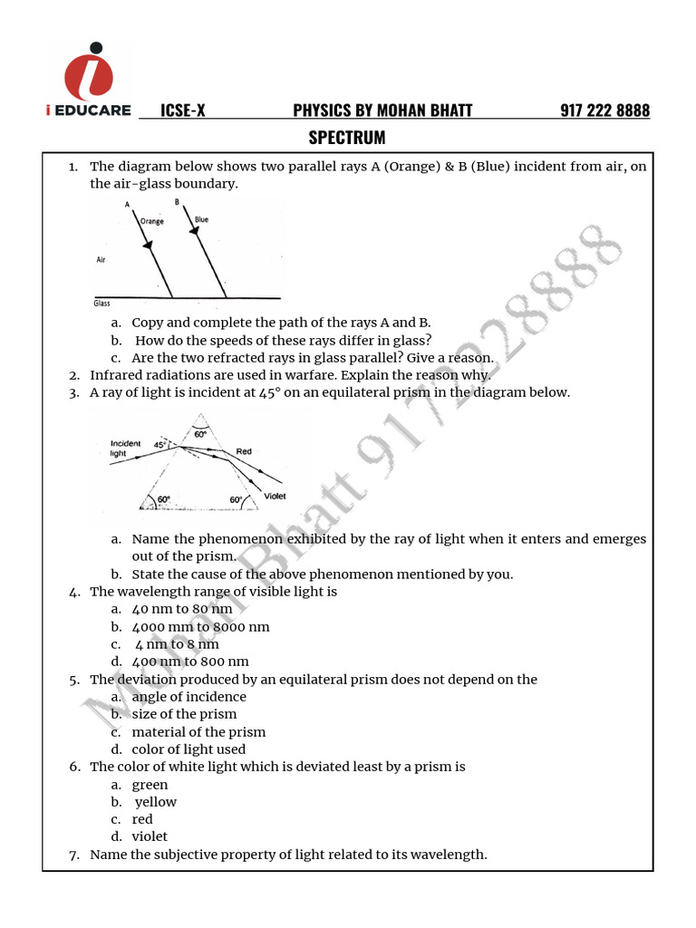 ICSE-X Physics: Light and Refraction Concepts | PDF | Light ...