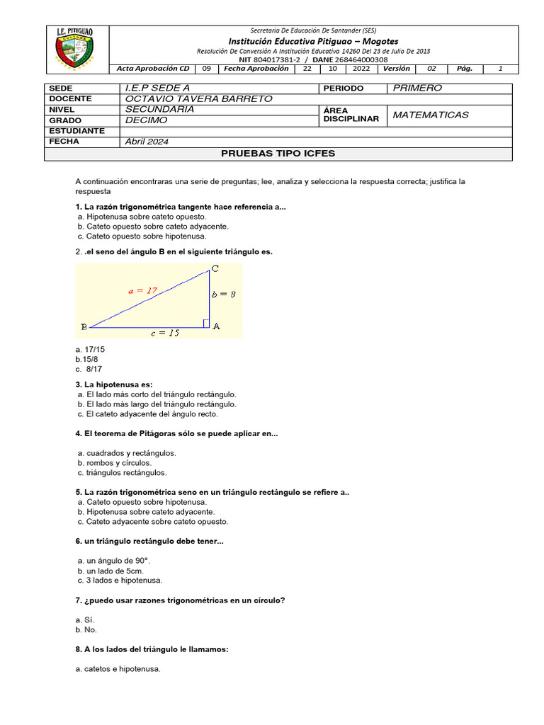Prueba Tipo Icfes | Descargar gratis PDF | Triángulo | Funciones trigonométricas