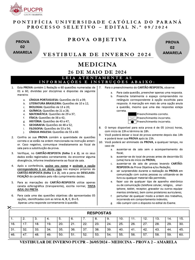 PUC PR Gabarito Vestibular de Inverno 2024 Prova 1 Amarela Medicina ...