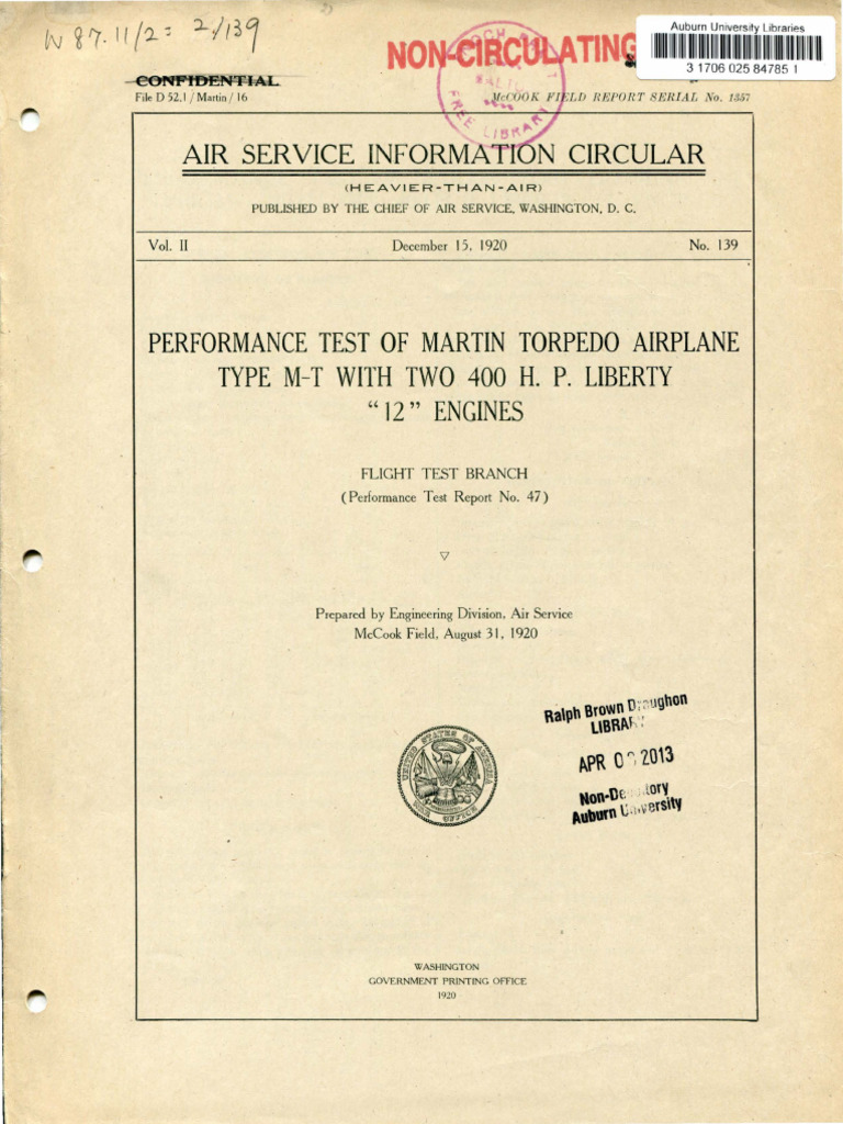 Performance Test of Martin Torpedo Airplane Type M-T With Two 400 H.P ...