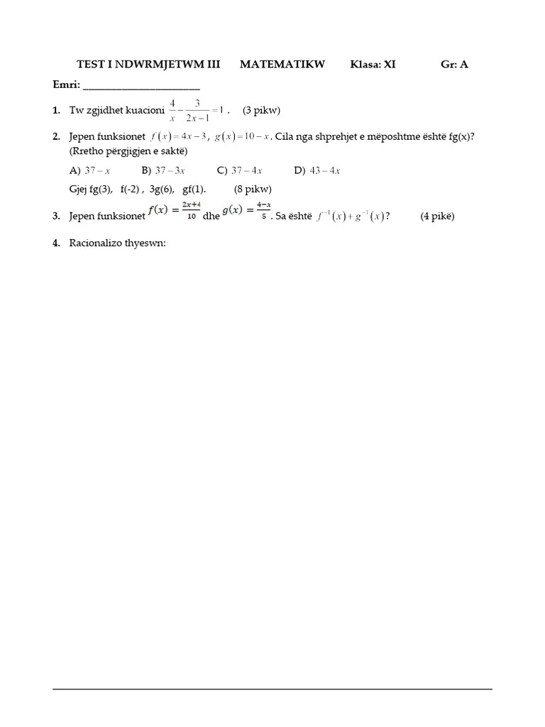TEST I Ndermjetem III Matematika 11 | PDF
