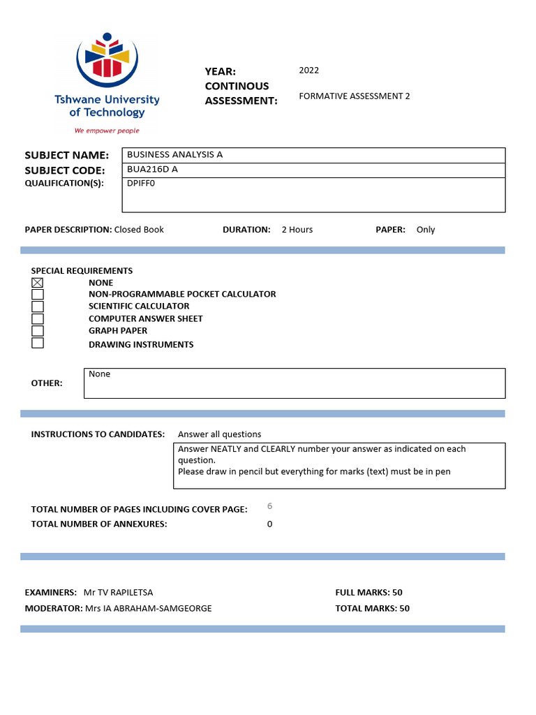 Bua216d Formative Assessment 2 Memo | PDF | Risk | Business Analysis