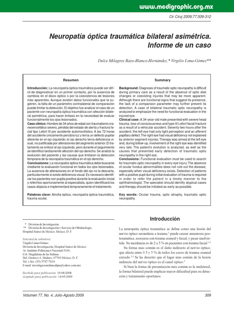 Neuropatía Óptica Traúmatica 1. | PDF | Percepción visual | Ojo