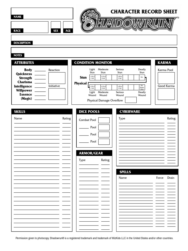 SR3 Character Sheet | Download Free PDF | Role Playing Games | Tabletop Games