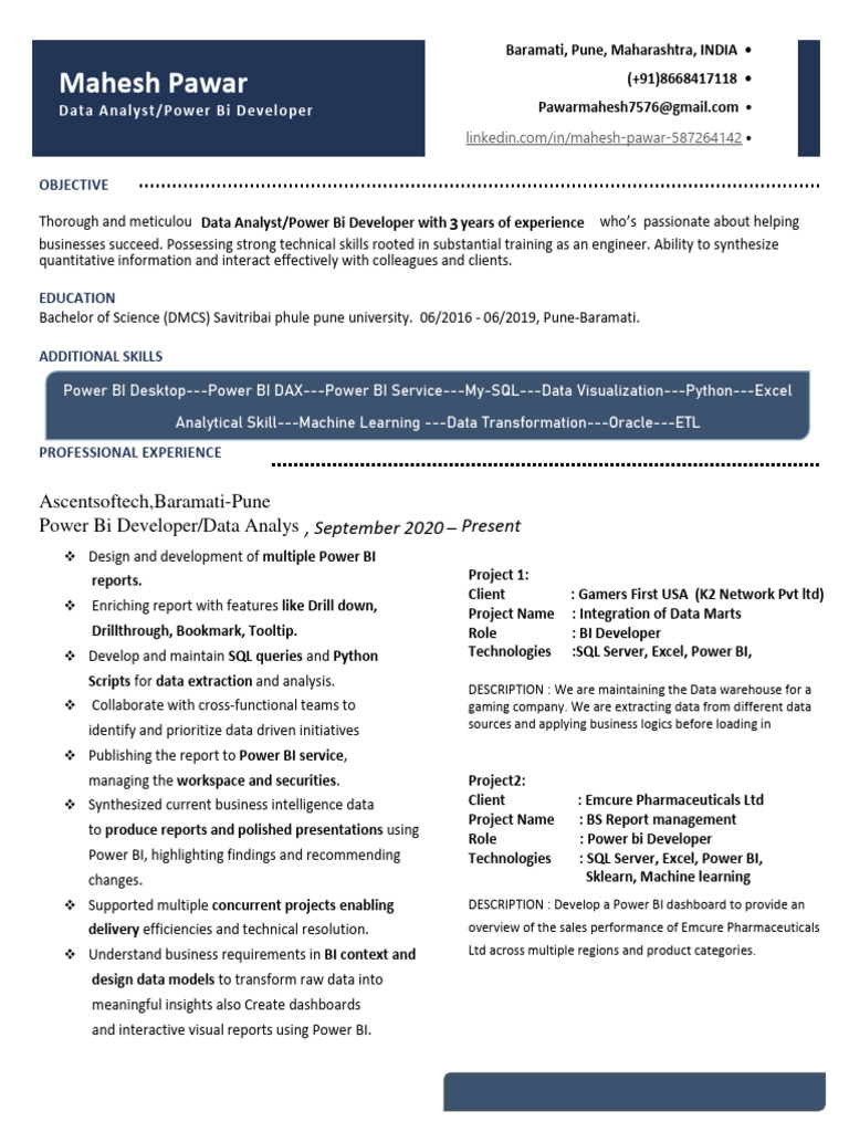 Mahesh Pawar Resume - Powerbi | Download Free PDF | Microsoft Sql Server | Data