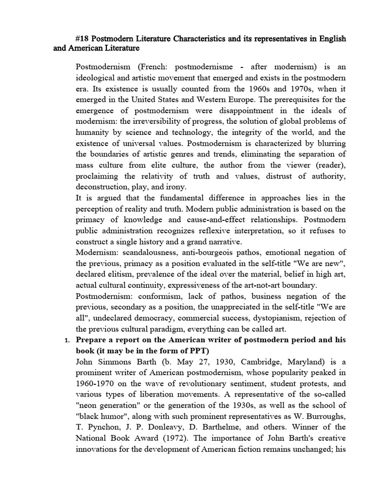 #18 Postmodern Literature Characteristics and Its Representatives in ...