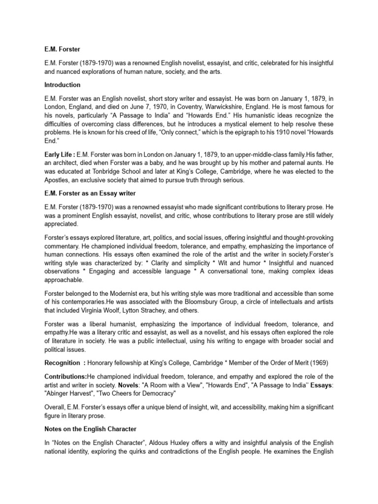 Notes On English Character | PDF | E. M. Forster | Essays