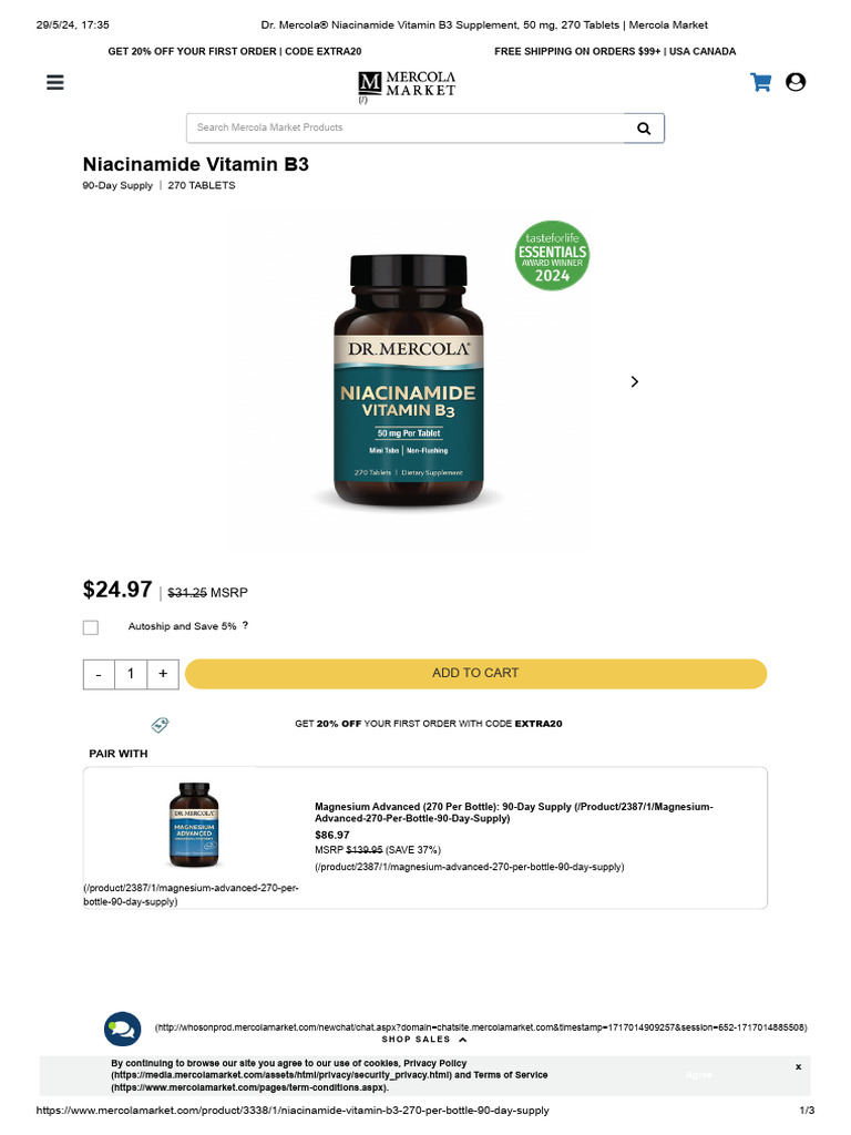 Niacinamide Vitamin B3 Supplement, 50 MG, 270 Tablets - Mercola Market ...
