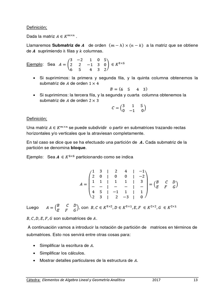 Submatrices y particiones en álgebra lineal | PDF | Álgebra lineal ...