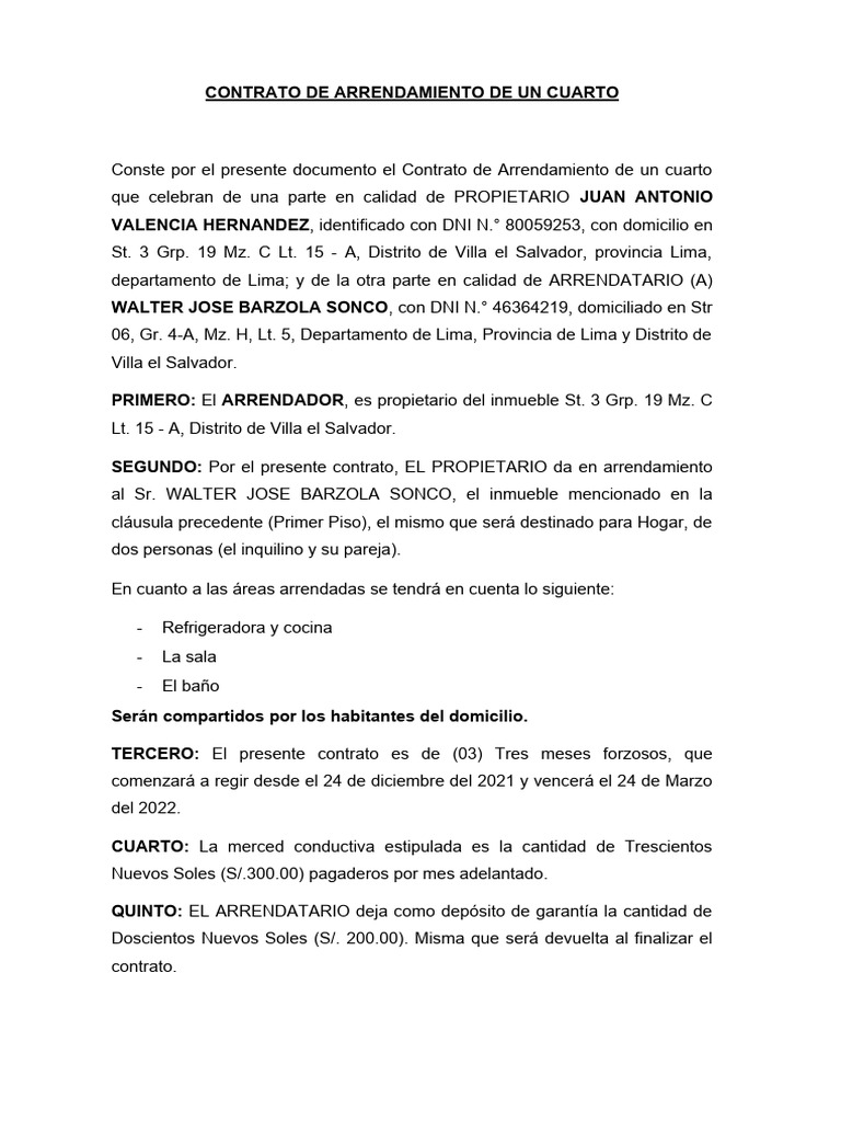 CONTRATO DE ARRENDAMIENTO DE UN CUARTO (2 Hojas) | PDF