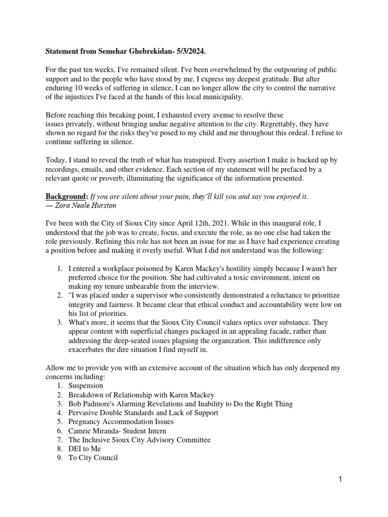 Semehar Ghebrekidan's Statement on Injustice | PDF | Ageism | Sexual ...
