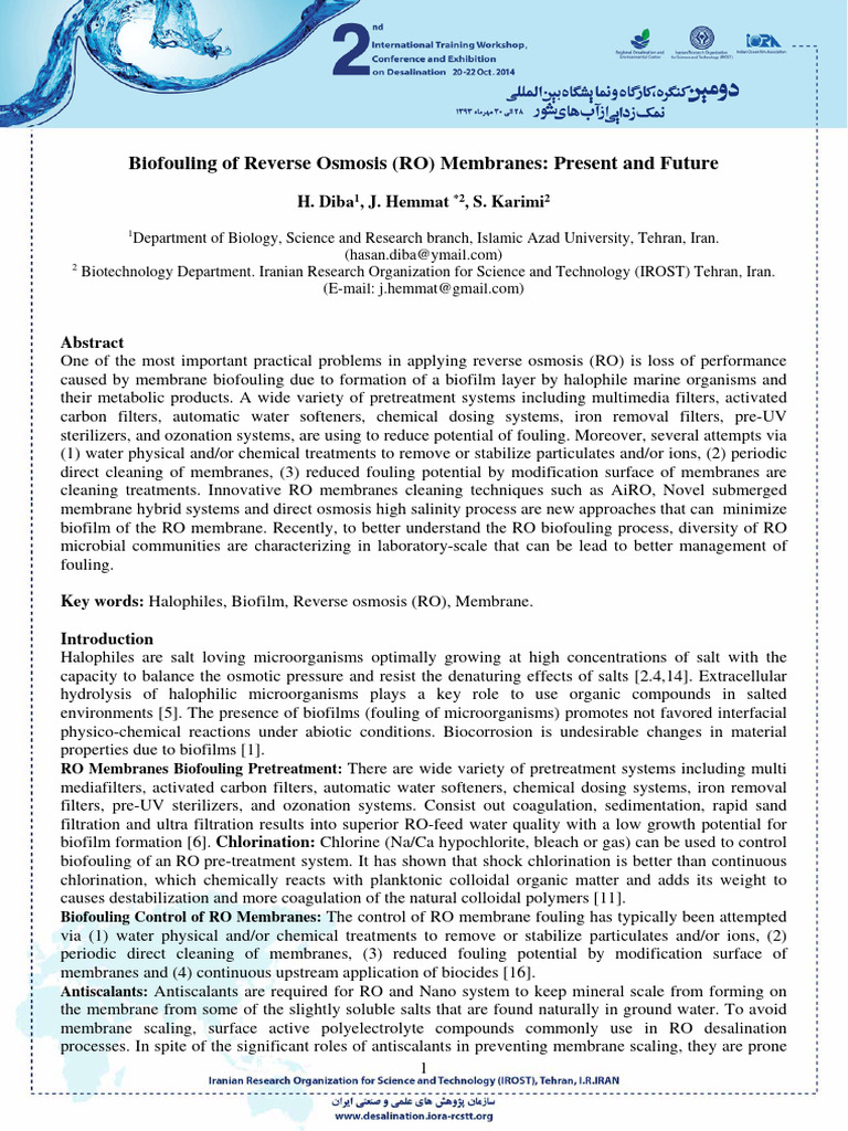 Biofouling of Reverse Osmosis | PDF | Membrane | Osmosis