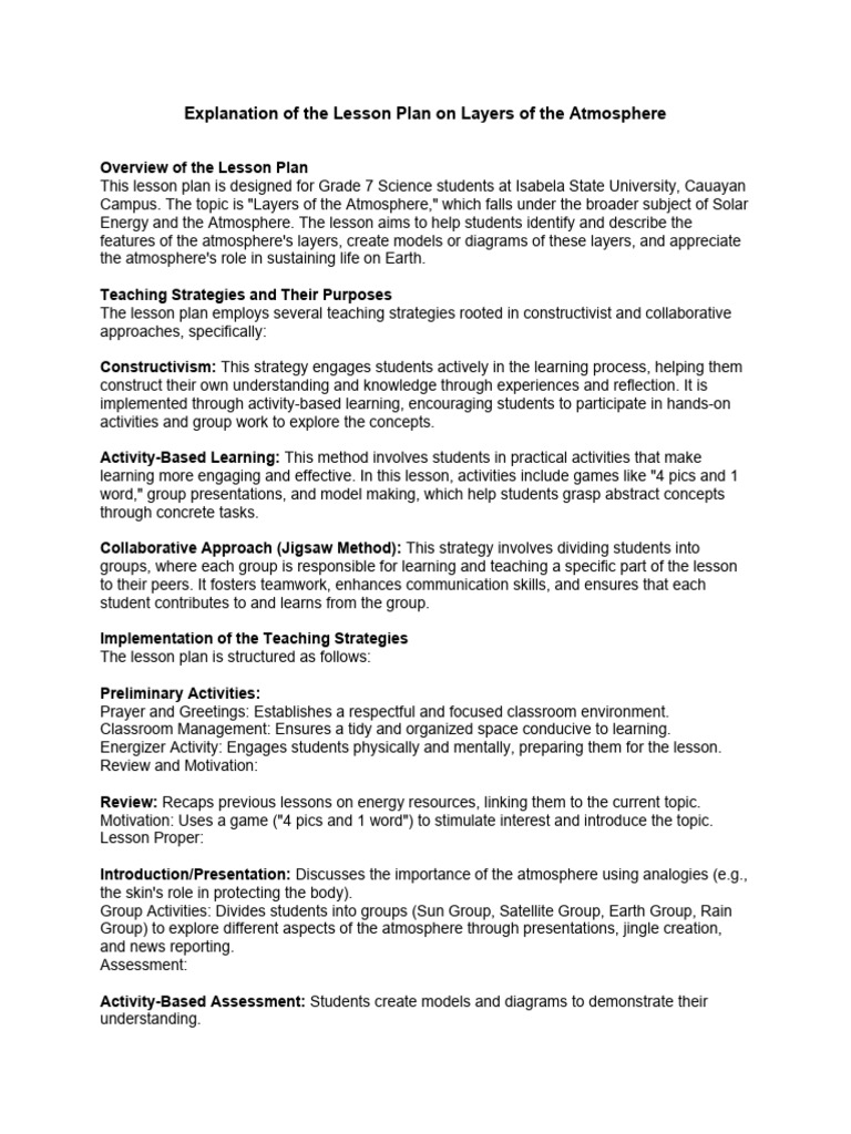 Grade 7 Lesson Plan: Atmosphere Layers | PDF | Lesson Plan ...