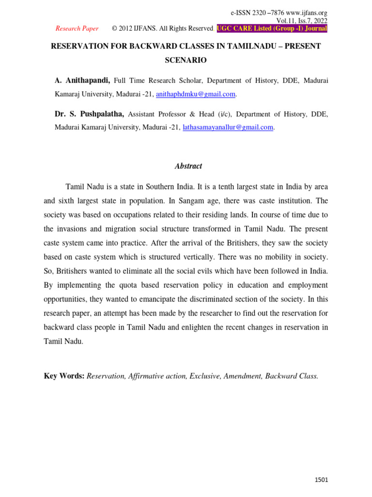 Reservation For Backward Classes in Tamilnadu - Present Scenario ...