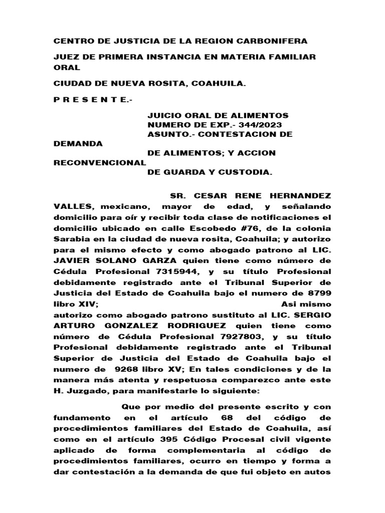Contestacion Alimentos y Reconvencion Guarda y Custodia | PDF | Demanda ...