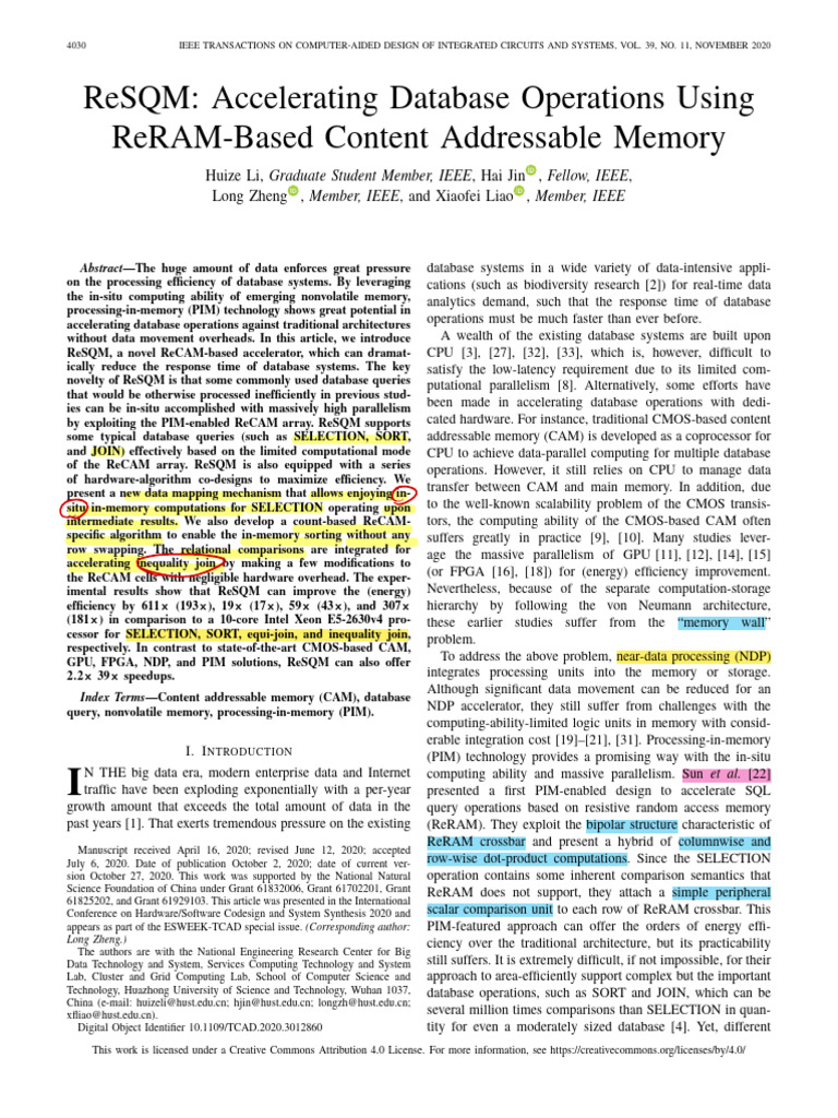 ReSQM Accelerating Database Operations Using ReRAM-Based Content Addressable Memory-2 | PDF ...