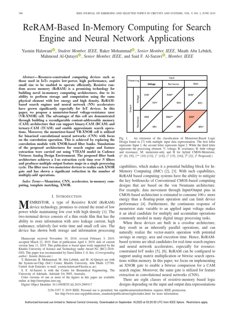 Reram Based In Memory Computing For Search Engine And Neural Network Applications Pdf