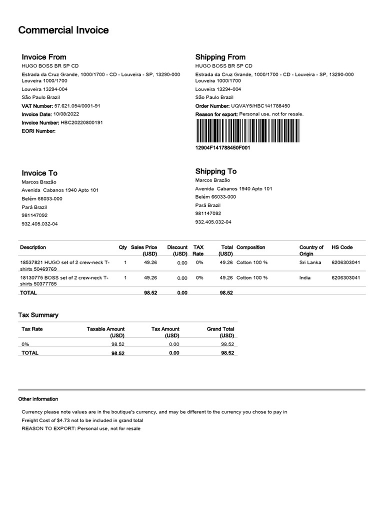 Commercial Invoice for Personal Use | PDF | Invoice | Taxes