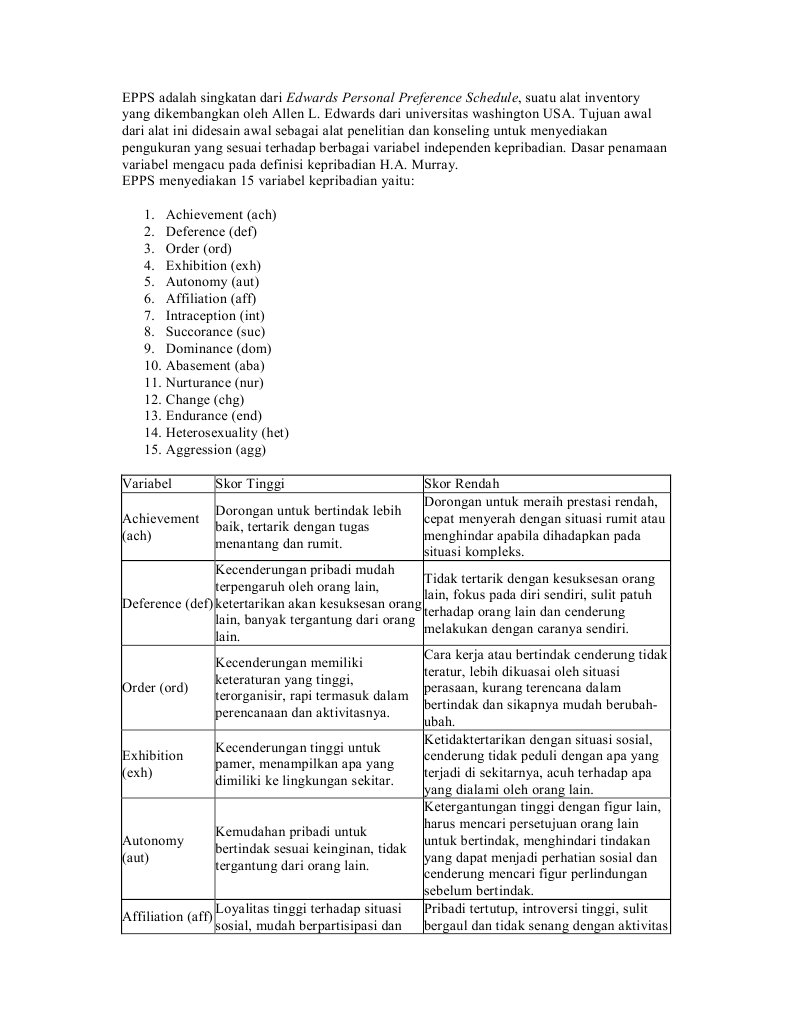 EPPS - Edwards Personal Preference Schedule | PDF