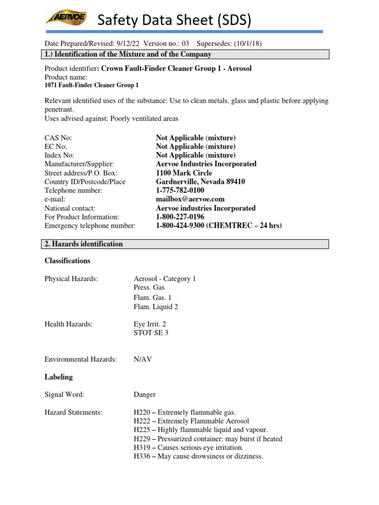 MSDS - Fault Finder Cleaner Group 1 1071 - US | PDF | Personal ...