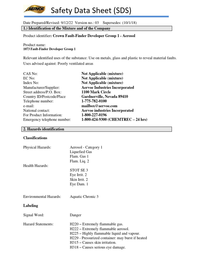 MSDS - Fault-Finder Developer Group 1 1073 - US | PDF | Personal ...