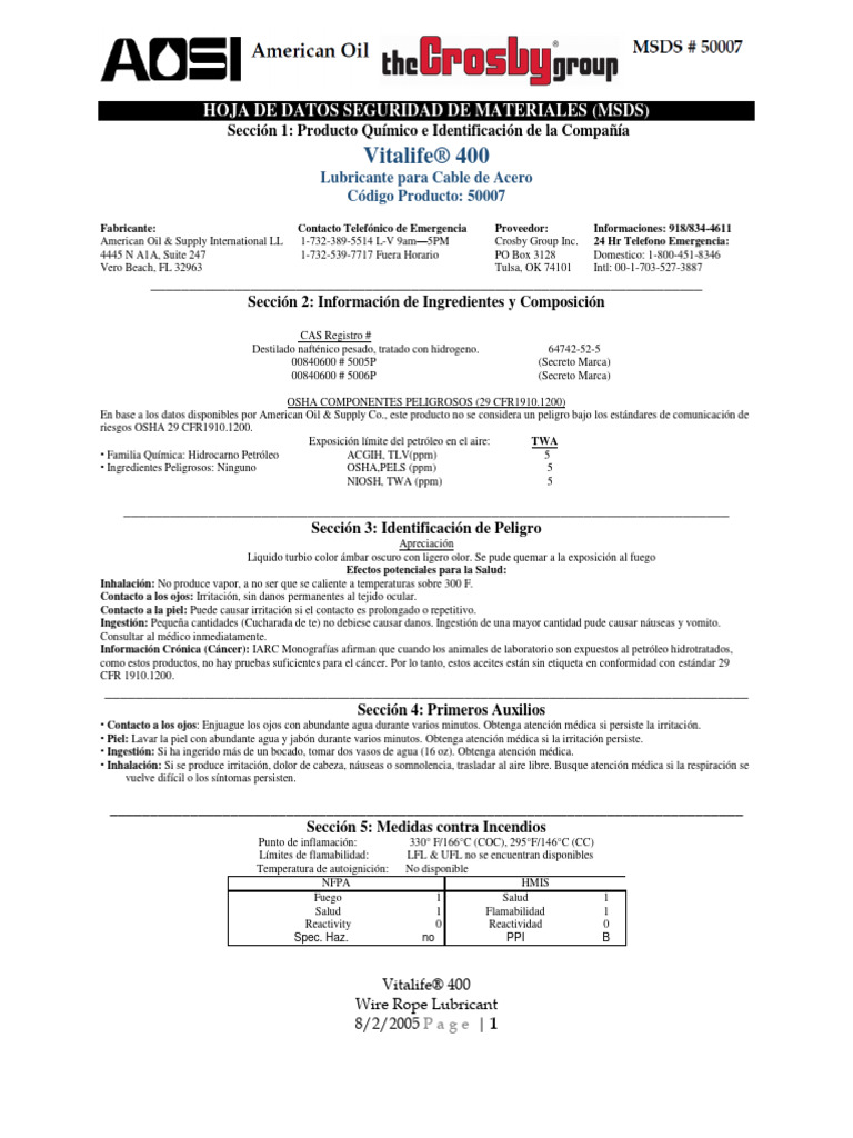 MSDS - Vitalife 400 | PDF | Agua