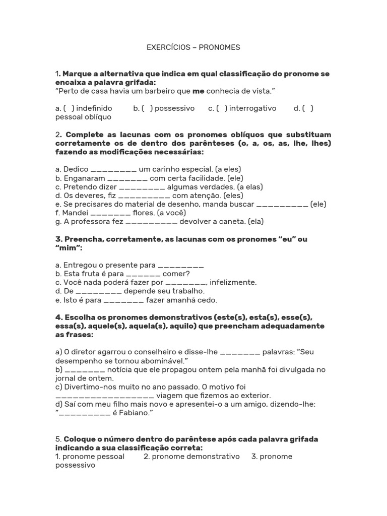 Exercícios sobre Pronomes e Suas Classificações | PDF | Pronome | Gramática