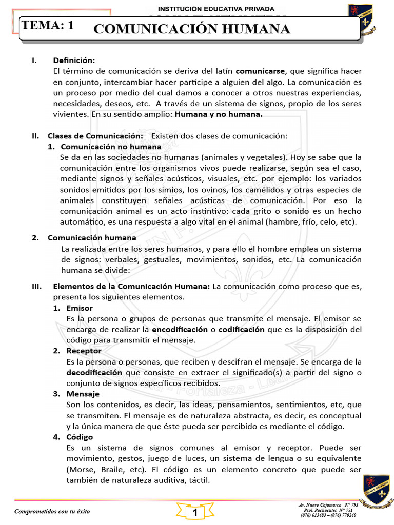 3ero, 4to y 5to - Lenguaje - Tema 01 - Teoria | PDF | Comunicación | Comunicación humana