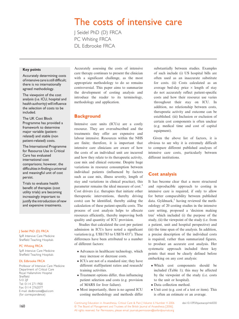 The Costs of Intensive 2006 Continuing Education in Anaesthesia ...